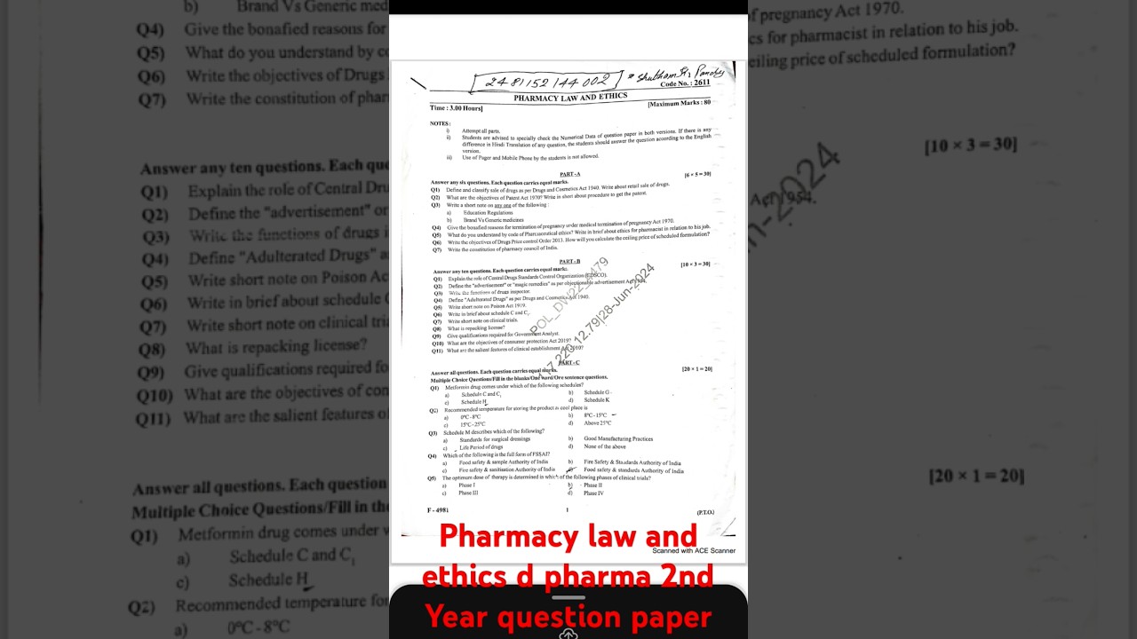 Pharmacy law and ethics d pharma 2nd Year question paper 2024 - Terokai ...